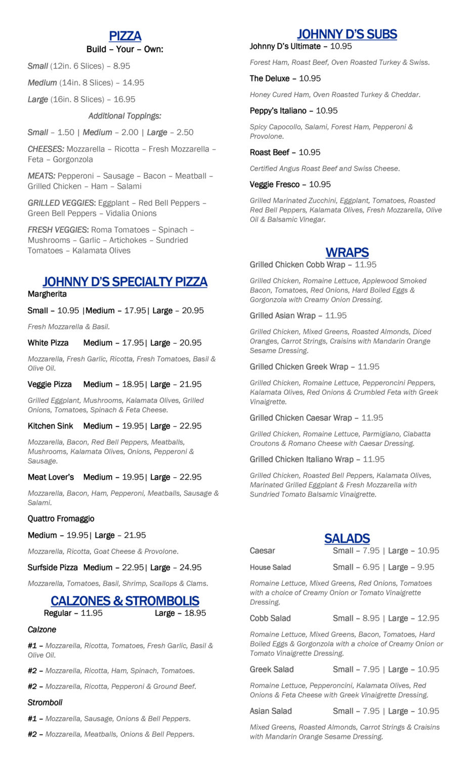 TAKE OUT MENU – Johnny D's Market & Bistro